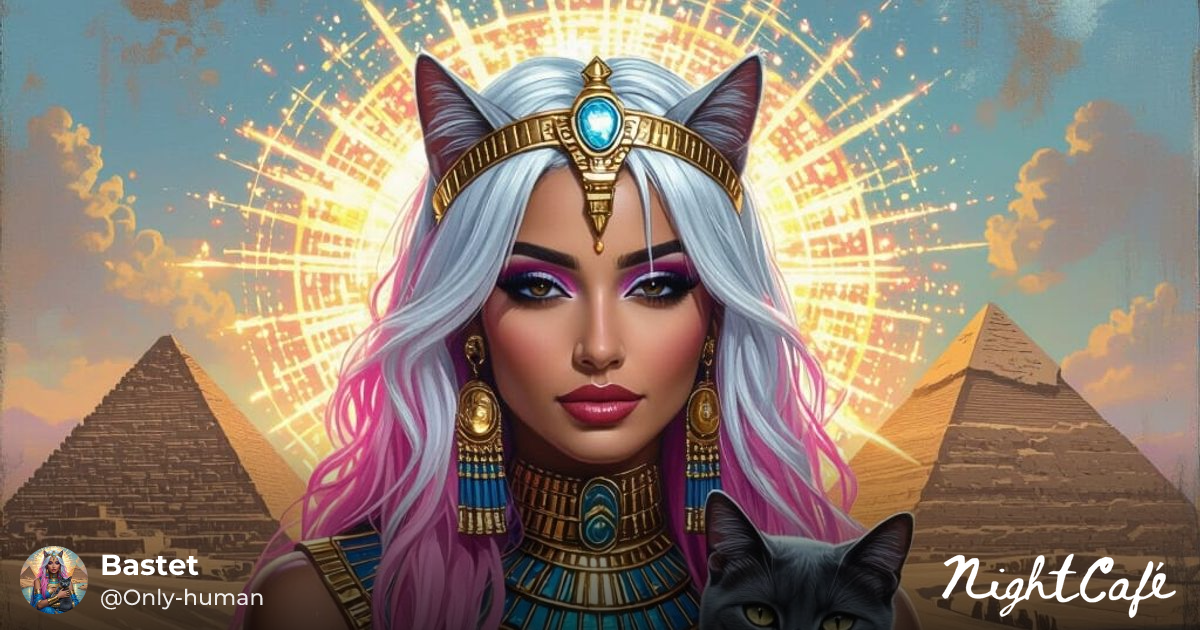 A beautiful Egyptian women with long silver-pink hair, wearing a blue ...