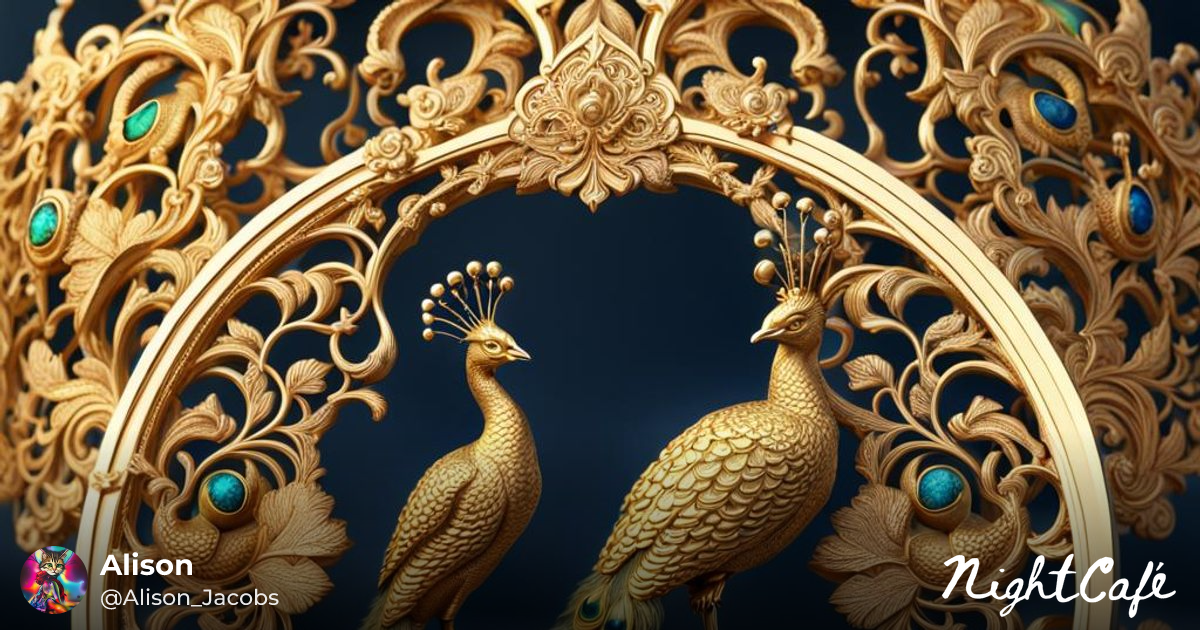 Gold Filigree Ring with Peacock Scene in Matte Pai... - AI Art