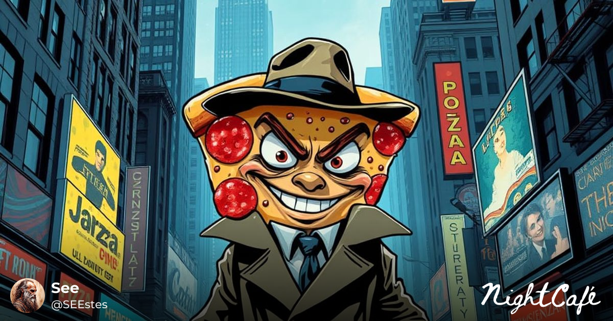 Sentient Pizza Slice in Noir Cityscape - AI Art