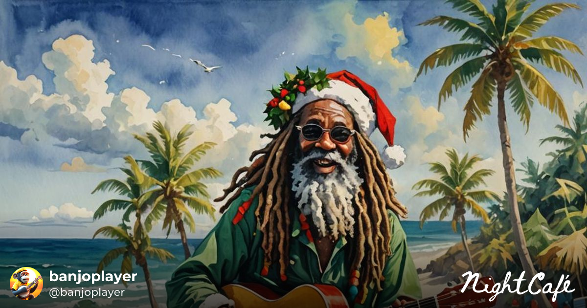 Reggae Santa Claus Plays Guitar, Gouache Style - AI Art
