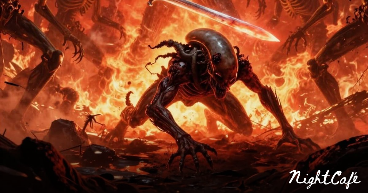 Demonic Zombie Horde Battles Alien Army in Fiery D... - AI Art