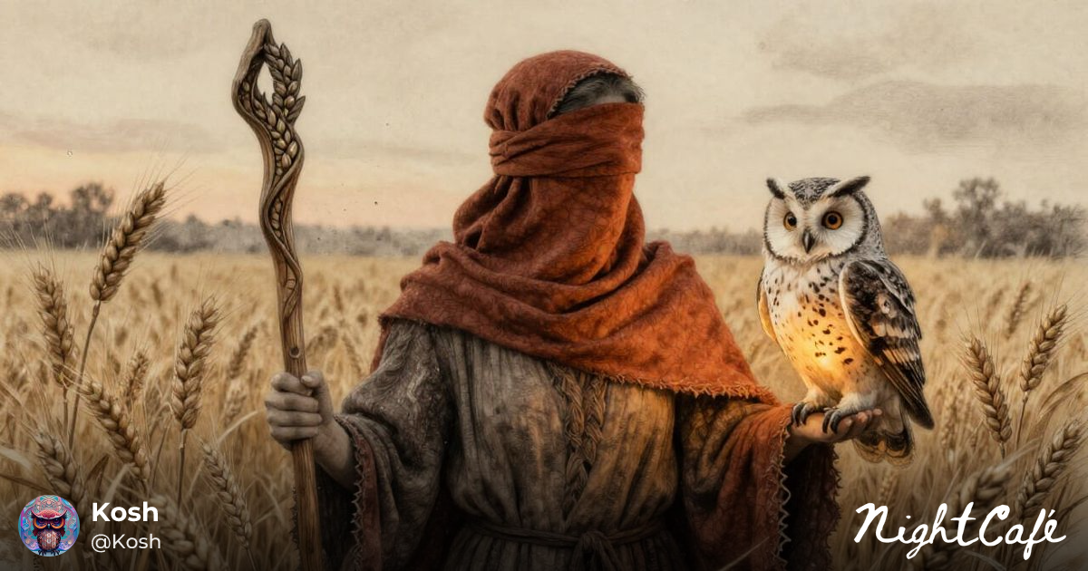 Autumn Seer with Lantern Owl in Wheat Field - AI Art