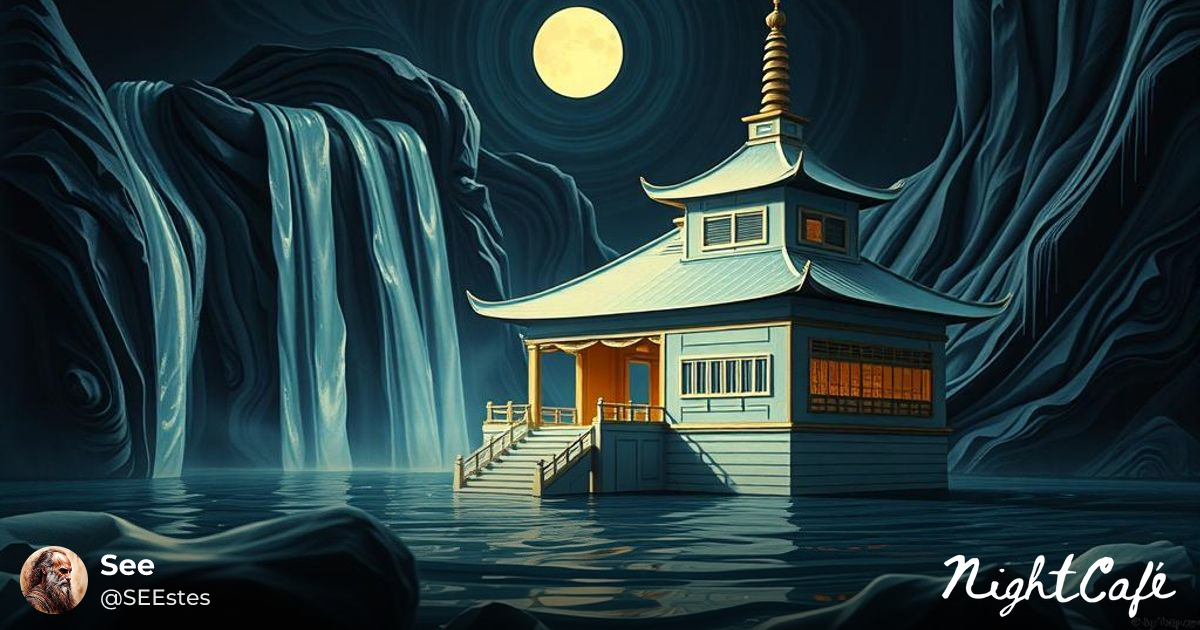 Origami Temple at Surreal Japanese Waterfall - AI Art