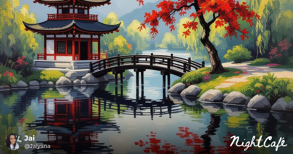 Pagoda by Lake with Blossoms, in Impressionist Wat... - AI Art