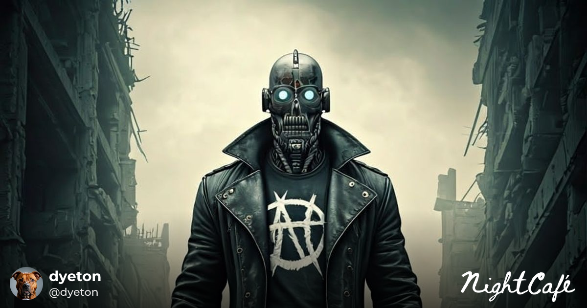 """A realistic retro robot dressed like an emo, wearing all black ...