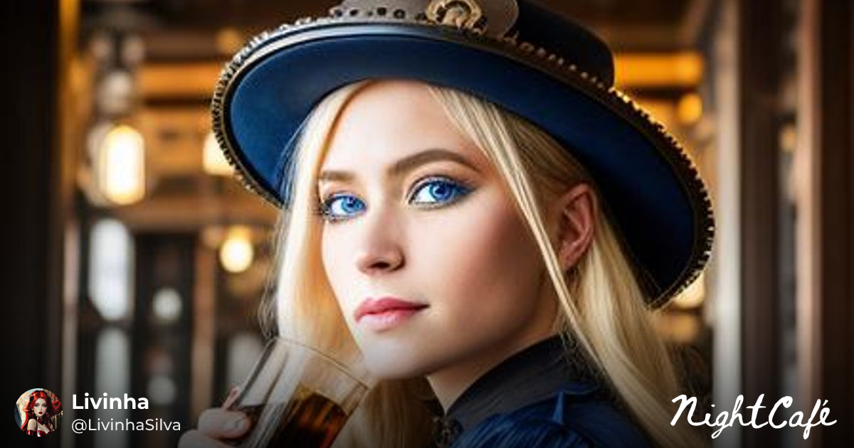 portrait of pretty steampunk woman, blue eyes, blond hair , blue dress ...