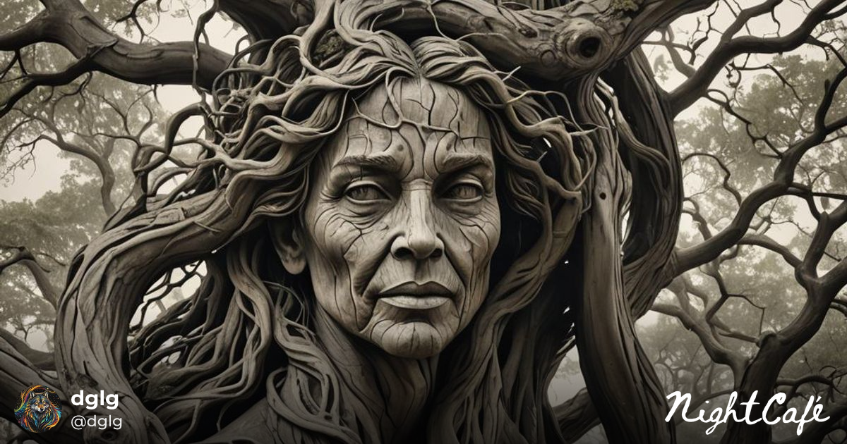 Tree Woman Silhouette over Ocean Sunset: Digital M... - AI Art