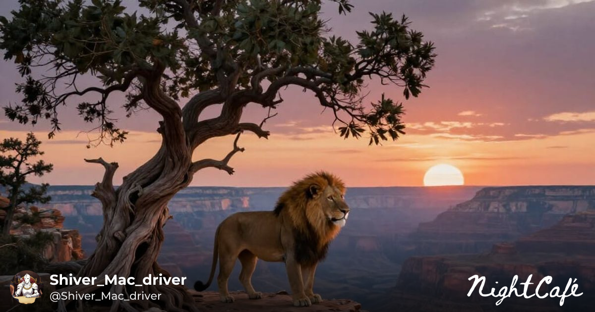 Majestic Lion on Precipice Overlooking Sheep in Tw... - AI Art