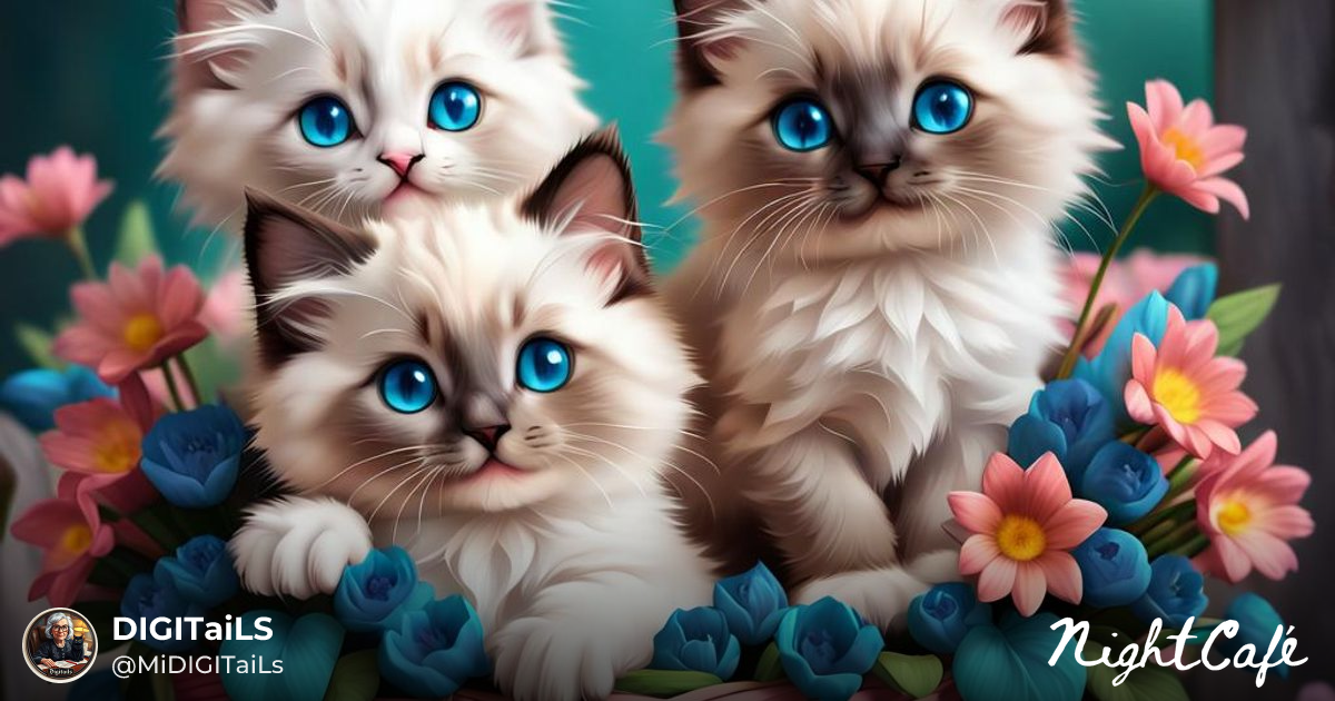Chibi ragdoll kittens in a spring flower basket