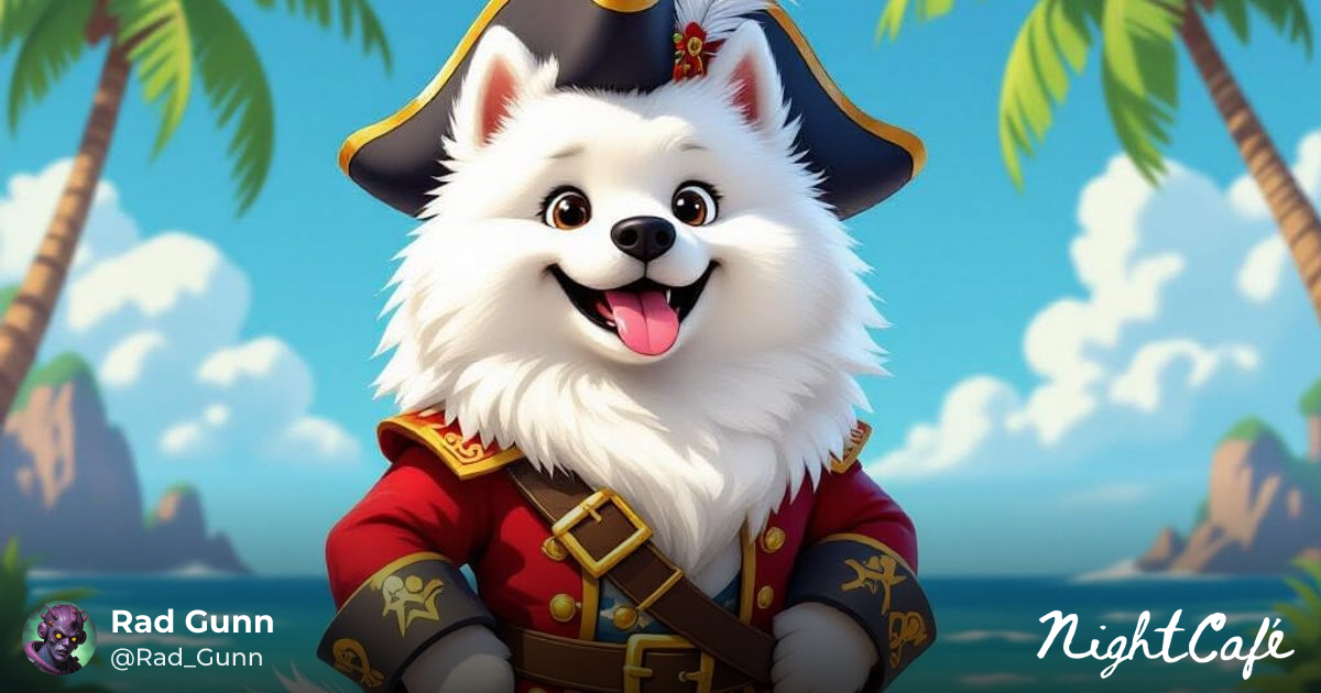 A fluffy white Samoyed dog as a swashbuckling pirate, clad in a ...