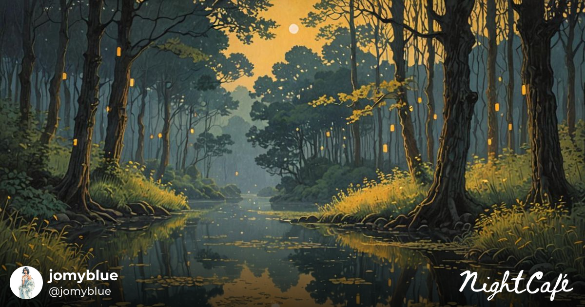 art by Hasui Kawase, Claude Monet. Enchanted twilight forest beside a ...