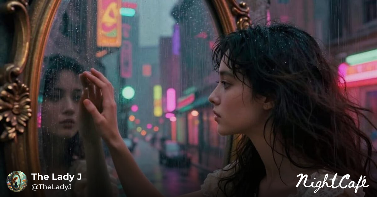 Urban Rain - Surreal Woman Reaches Through Mirror to Neon Ci...