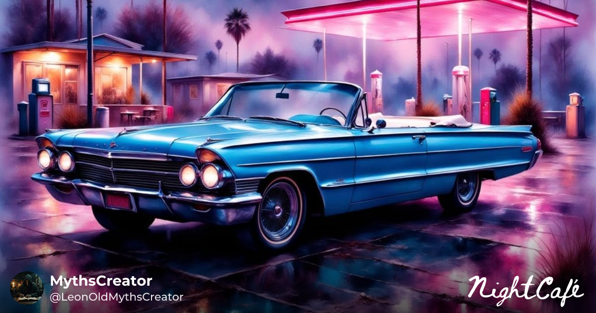 1960s Convertible at Neon Gas Station in Synthwave... - AI Art