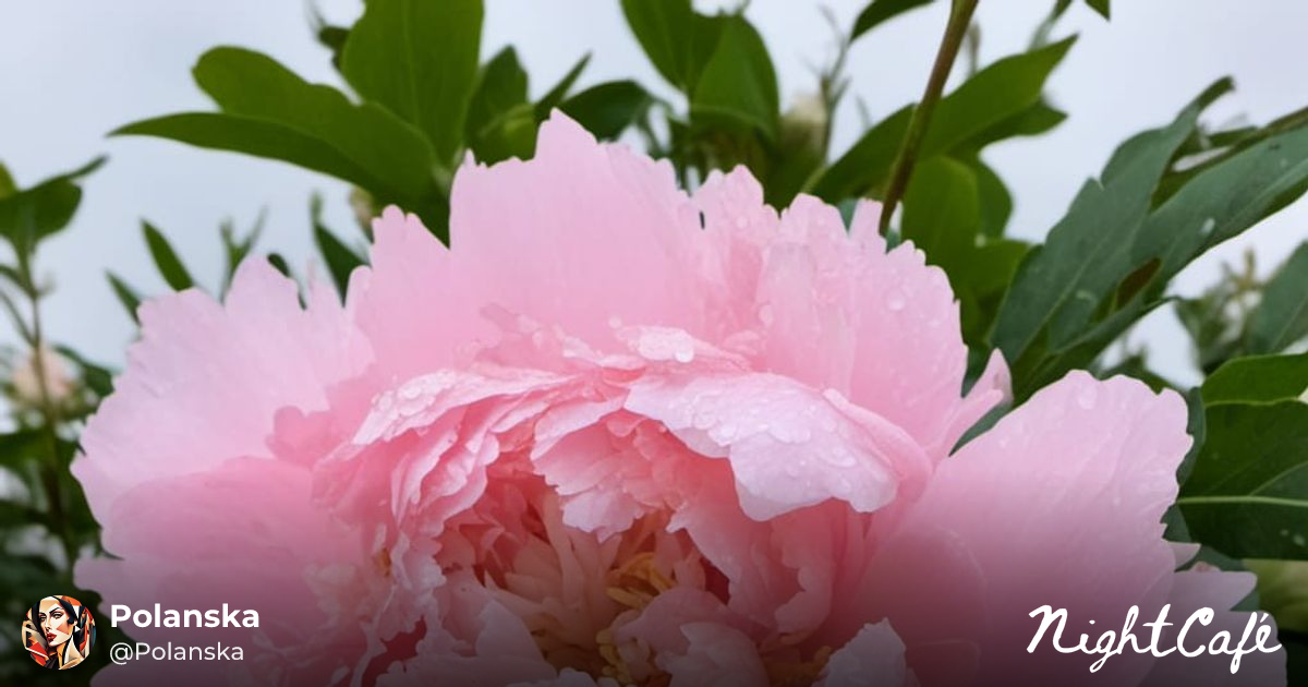 Close-up image of a large dewy pink peony with stem and leaves on a white background. intricate ...