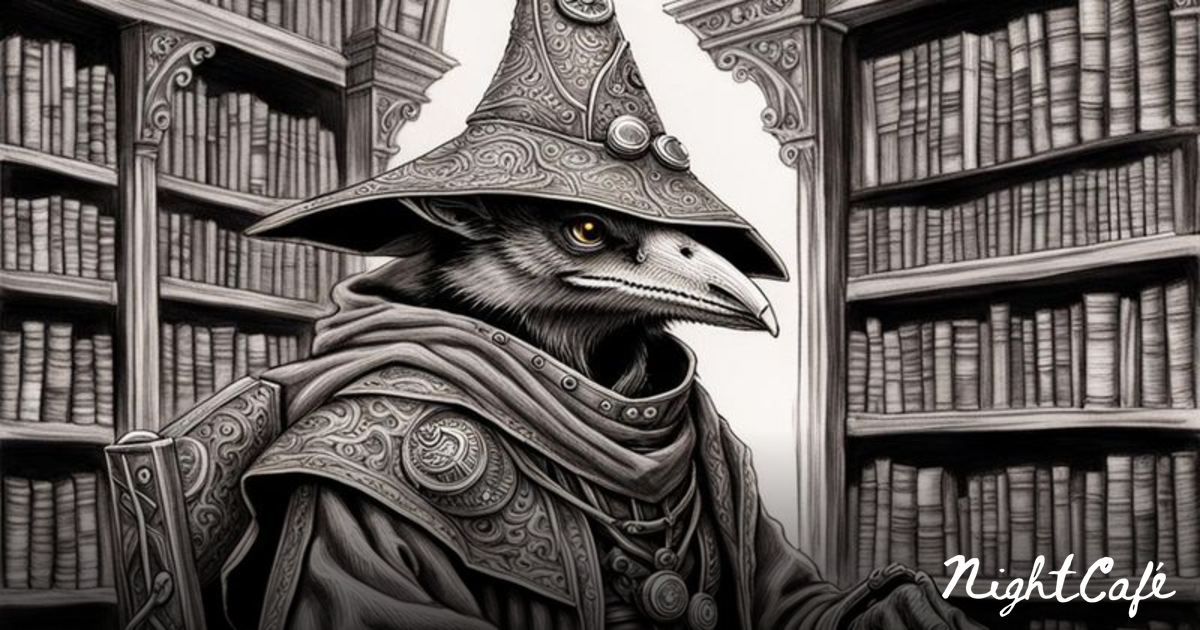 Steampunk Kenku Spore Druid in Library - AI Art