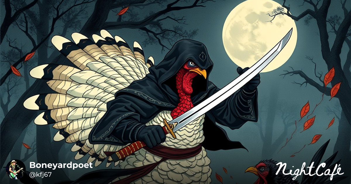 Ninja Turkey Warrior in Moonlit Forest Battle - AI Art