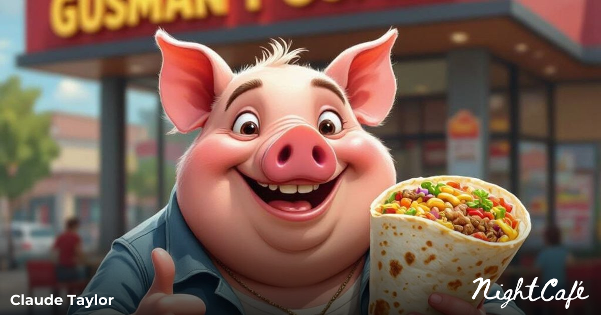 Happy Pig Enjoying Burrito in Cartoon Style - AI Art