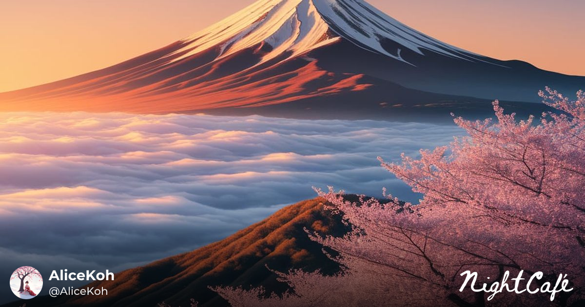 Ethereal Japanese Landscape with Mount Fuji and Cherry Blossom Trees