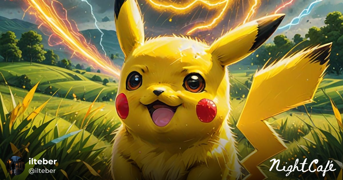 pikachu - Pikachu in Lush Field with Rainbow, Vibrant Oil Pa...