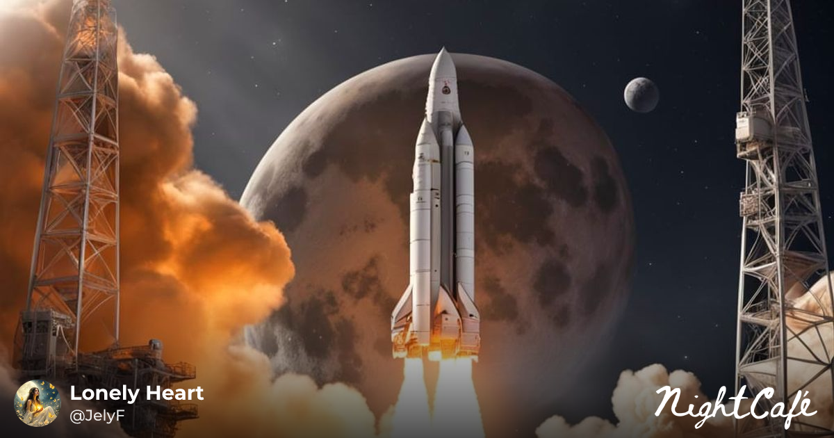 "A dramatic night-time rocket launch captured at liftoff, with blazing orange thrusters ...