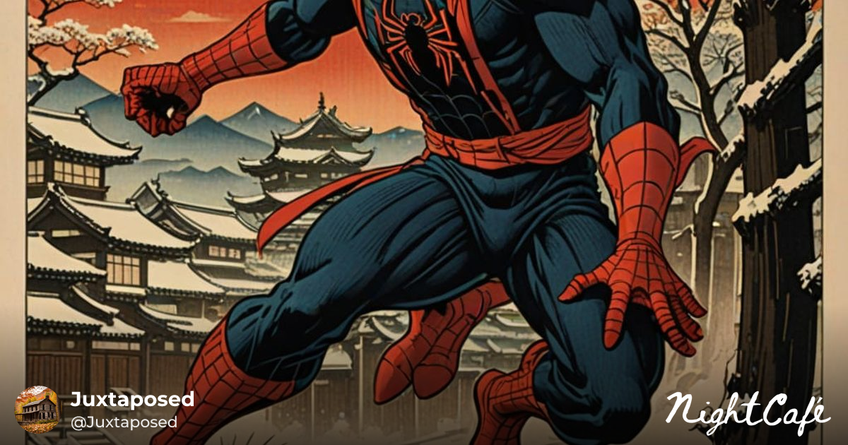 Spider-Man as Ninja, vintage ukiyoe woodblock print,