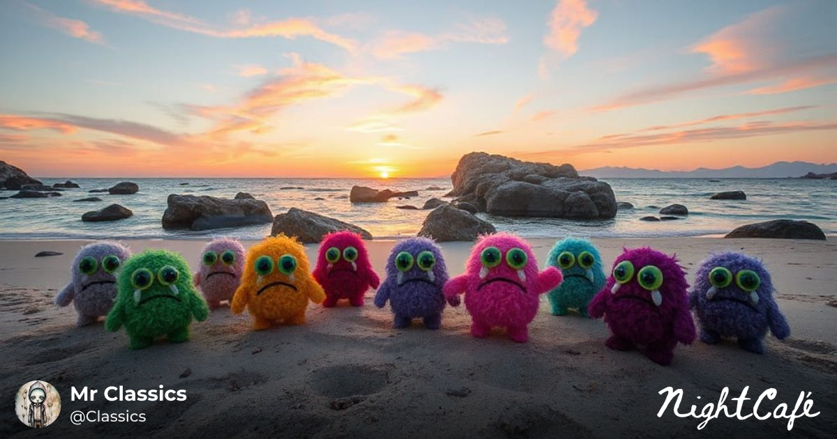 Whimsical Pom-Pom Beach Monsters in a Melancholy S... - AI Art
