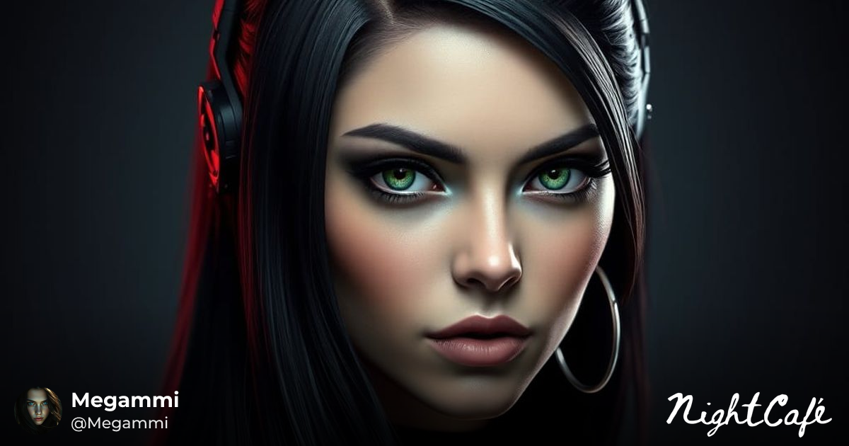 Cyberpunk Goddess with Emerald Eyes and Ebony Tres... - AI Art