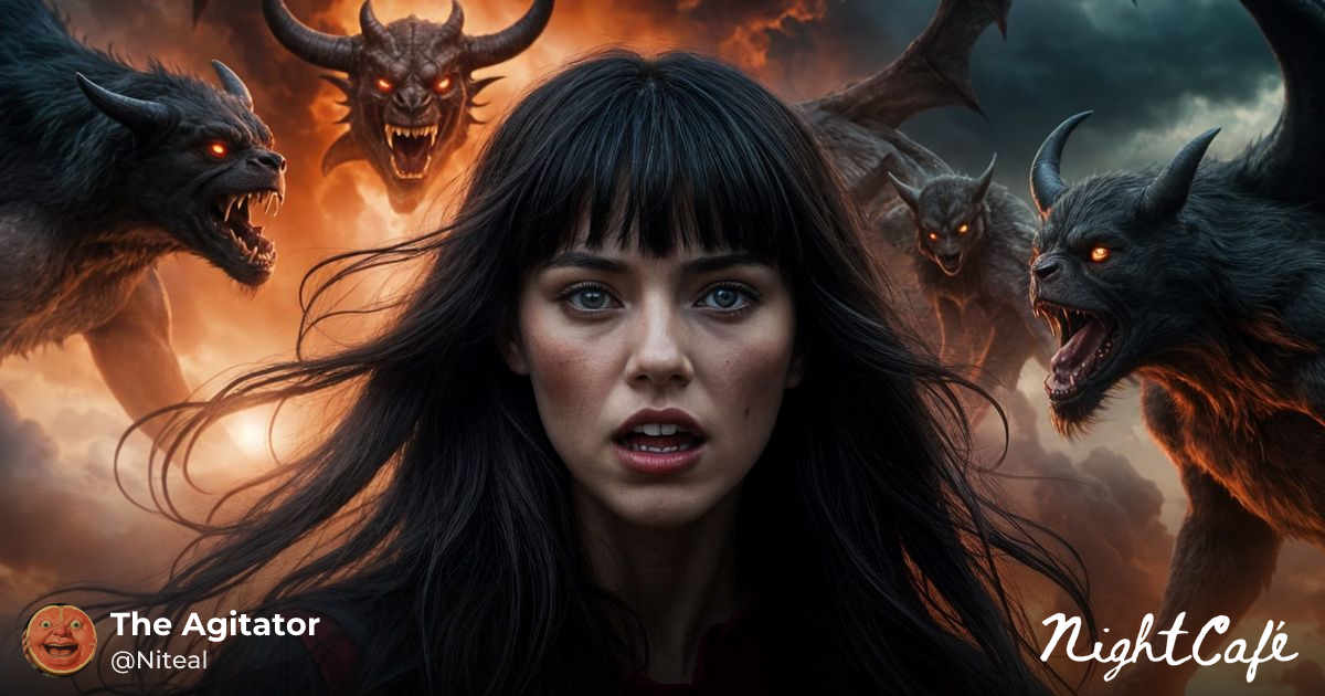 Demons Attack Woman in Cloudy Cinematic Scene - AI Art