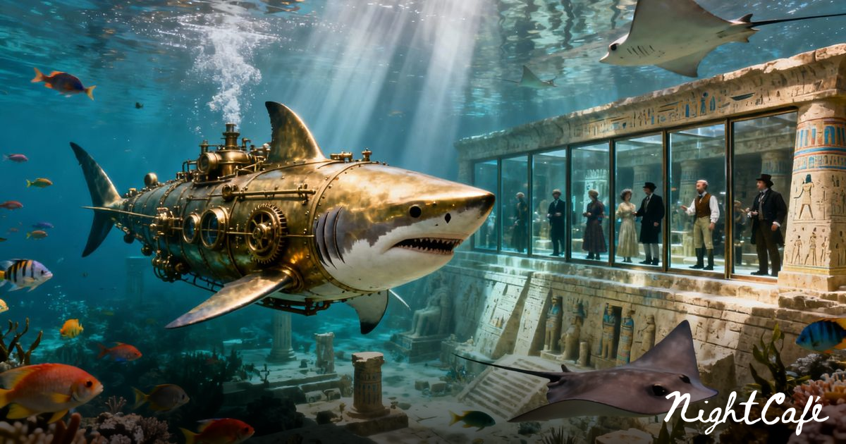 Steampunk Shark Submarine Explores Sunken Egyptian... - AI Art