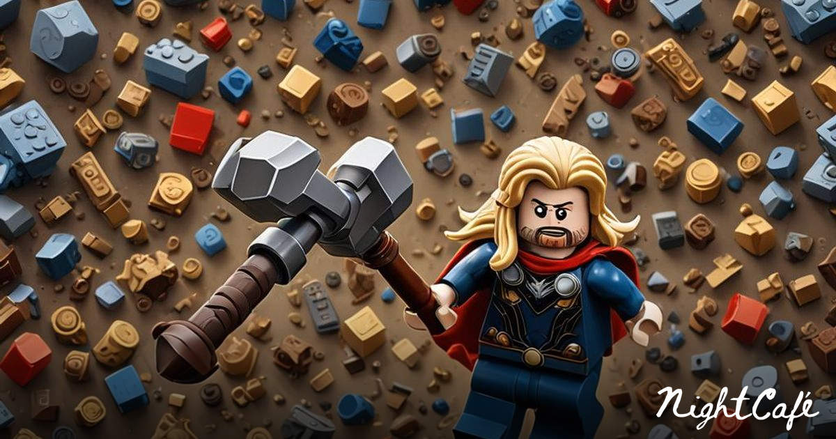 Lego Thor Throwing Hammer to Asgard - AI Art