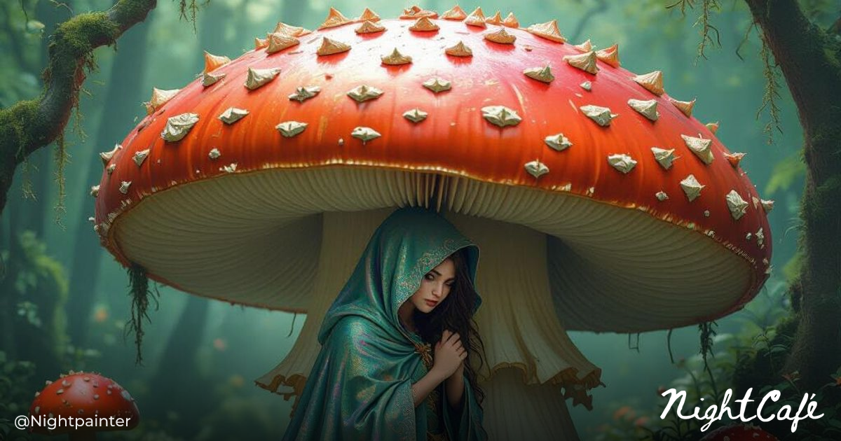 Whimsical Fairy Hiding Under a Champignon in Matte... - AI Art