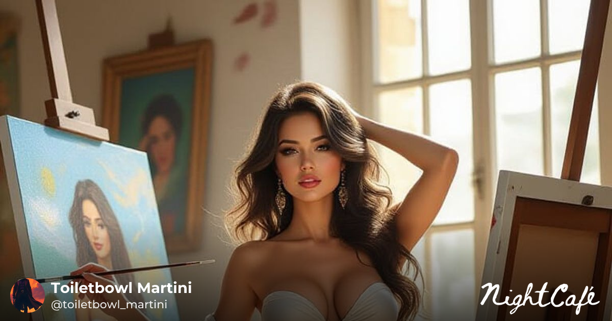 A muse stands in a sunlit artist's studio, inspiring the painter with her beauty and grace. She ...