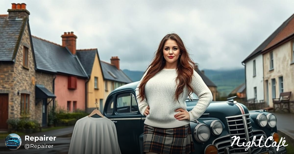 Oops. Blooper - Woman Posing by Vintage Car in Irish Village...