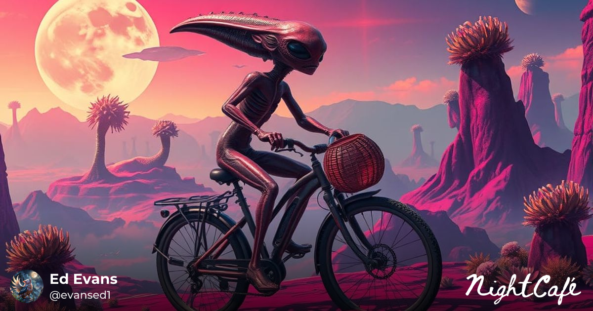 Alien Rides Bicycle on Alien Planet: Sci-Fi Digita... - AI Art