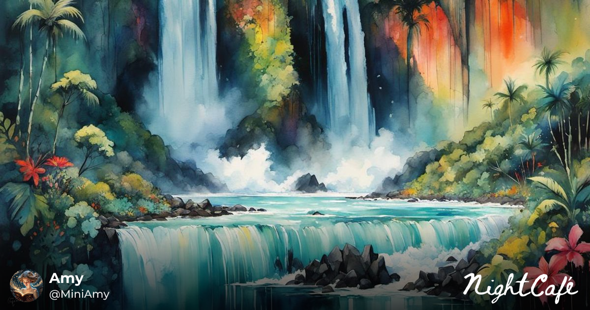 epic waterfall in Hawaii - Magical Hawaiian Waterfall Illust...