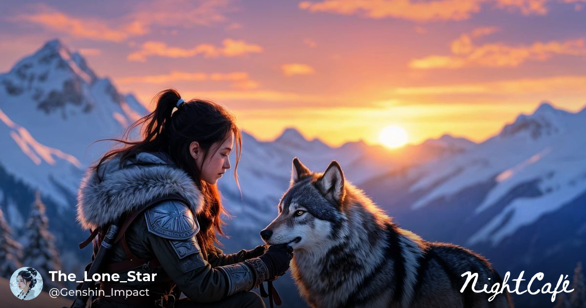 Girl Warrior and Wolf Bonding on Snowy Mountain - AI Art