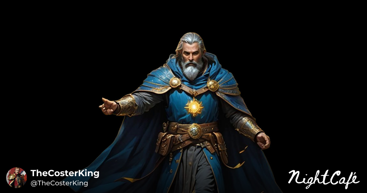 A grey bearded man wearing a blue travelling cloak with small gold ...