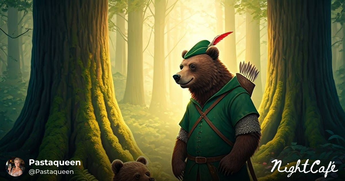 In focus two little Bears, dressed as Knights with a huge magical shield in their paws. In ...