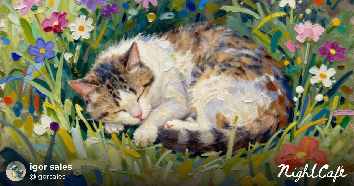 Sleepy Cat - Cat Sleeping Among Flowers in Forest Clearing