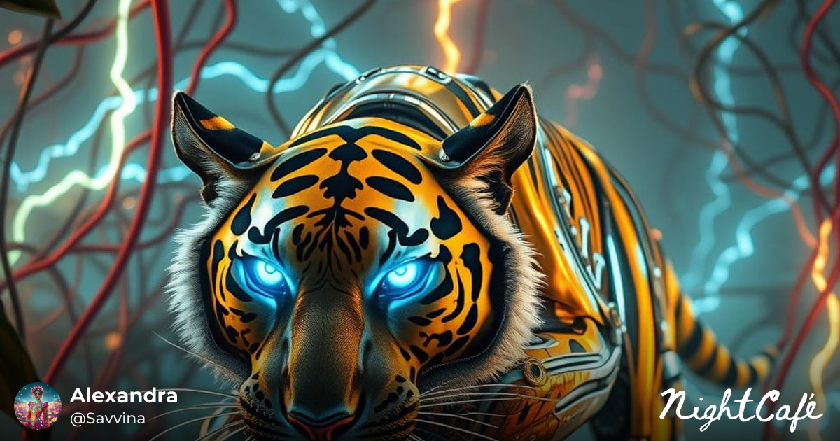 Cyberpunk Chrome Tiger Leaps Through Neon Jungle - AI Art