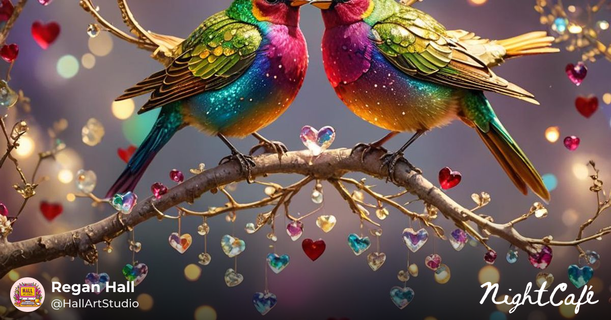 Rainbow Ruby Birds with Heart Bokeh - AI Art