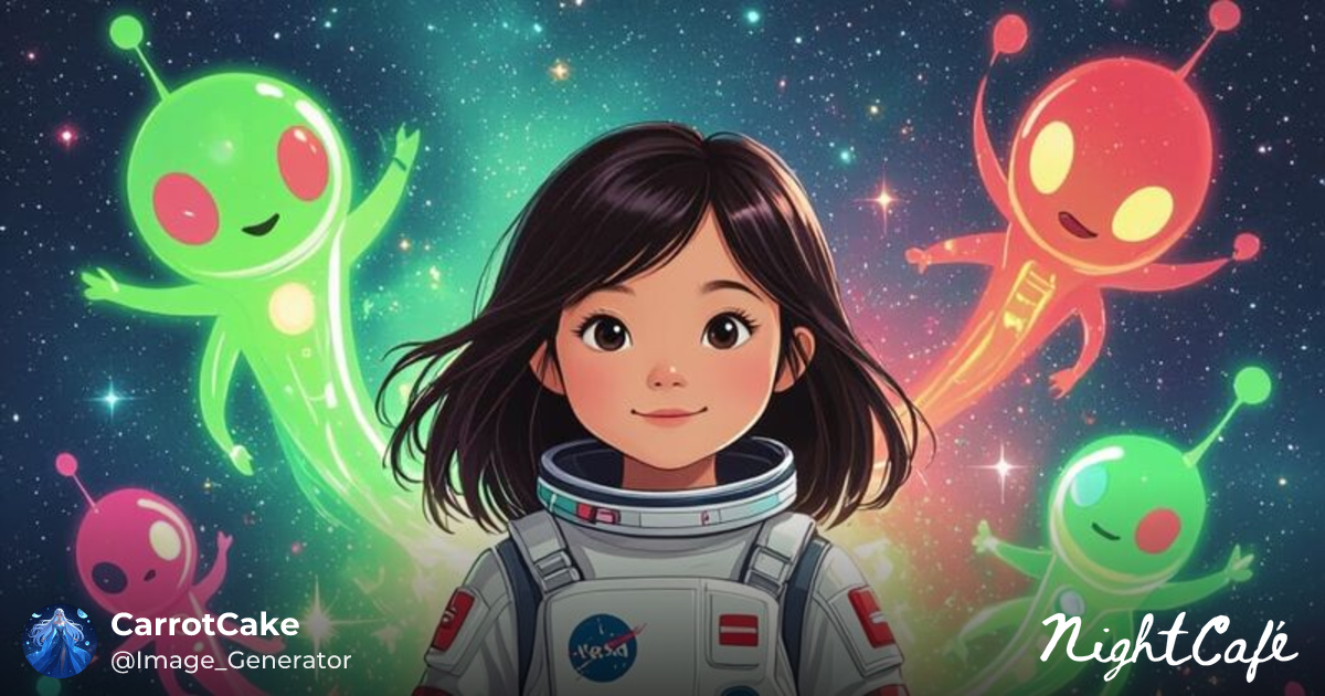 Girl in Spacesuit Surrounded by Neon Aliens - AI Art