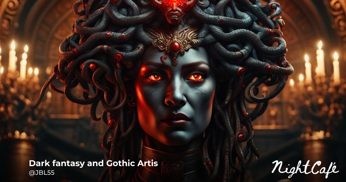 Photorealistic head and shoulder portrait of a majestic evil medusa ...