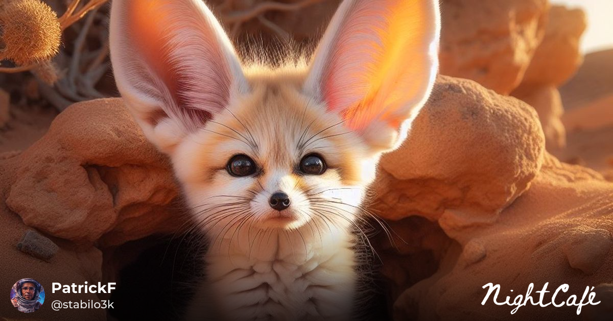 Fluffy fennec fox pup peeking from desert burrow.