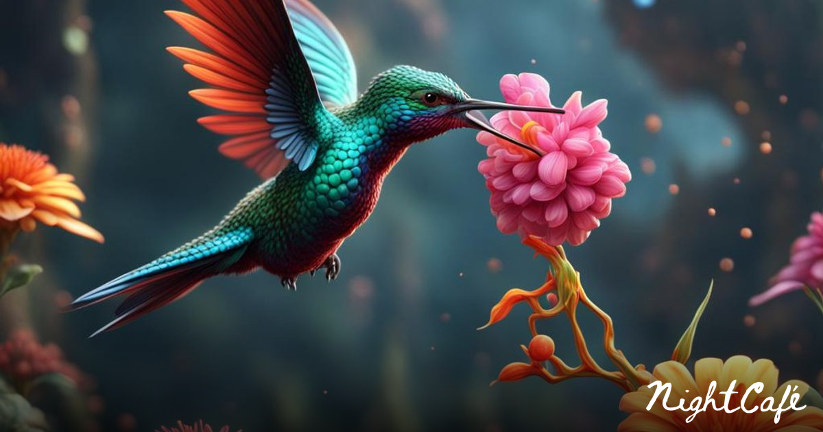 Hummingbird Dragon Eating Flower in Fantasy Art - AI Art