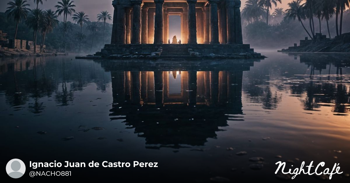 Envision a serene, mist-shrouded lake at twilight, featuring a lone ...