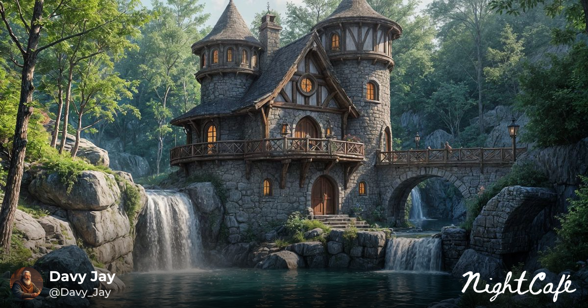 a rustic cottage by a stream - Fantastical Elven Cottage by ...