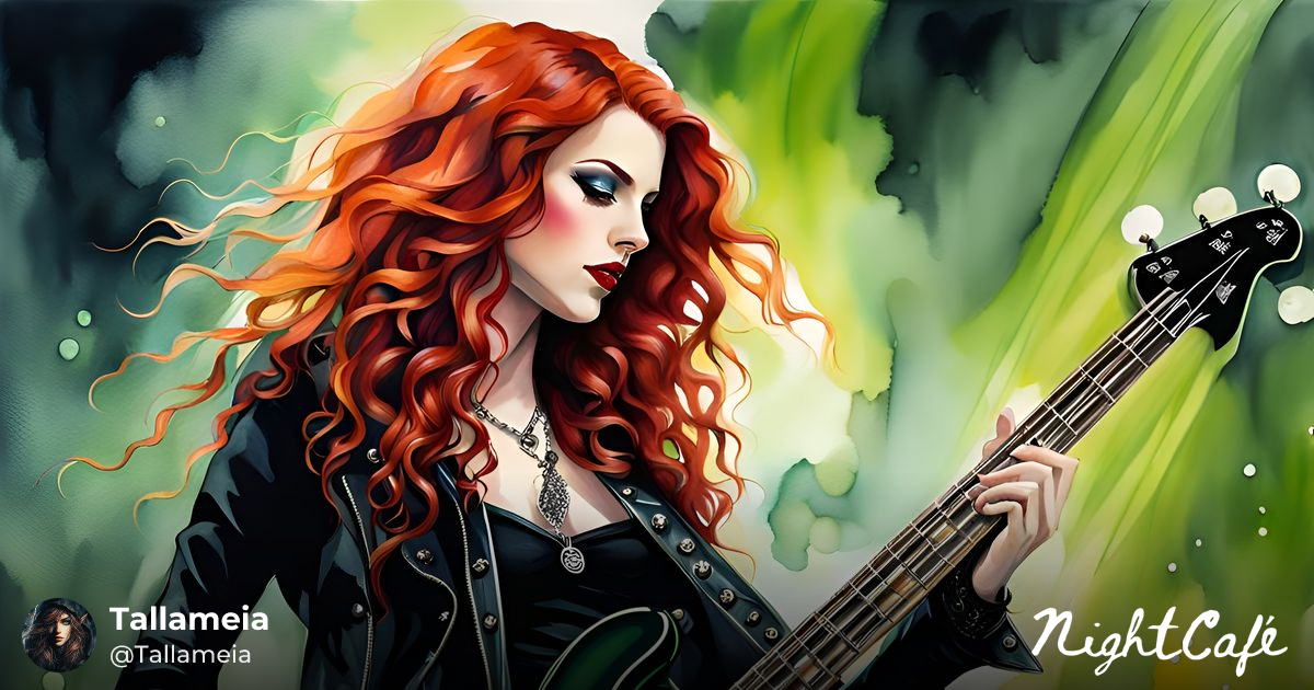 The Bass Player - Electric Bass Guitar Girl in Watercolor In...