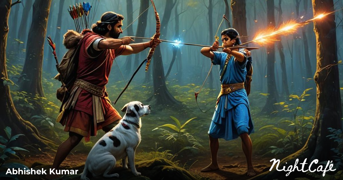 Eklavya in Forest with Dog: Vibrant Oil Painting - AI Art
