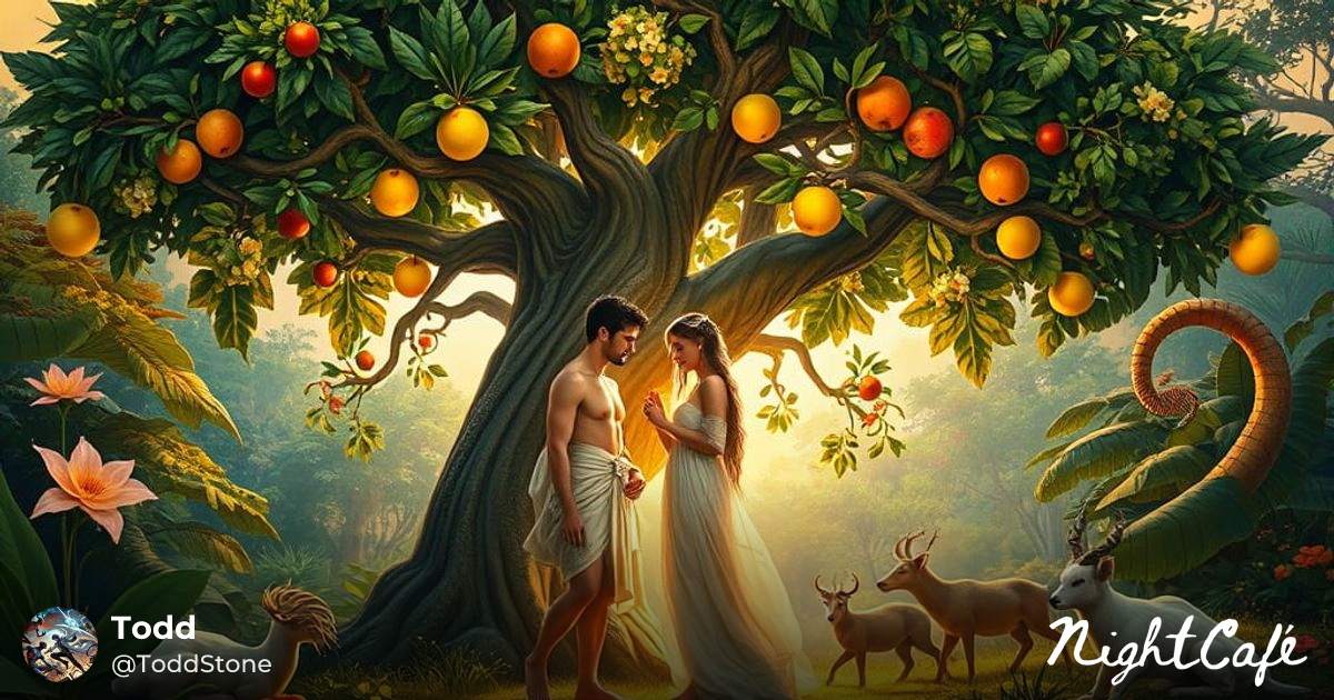Adam and Eve standing beneath the Tree of Life